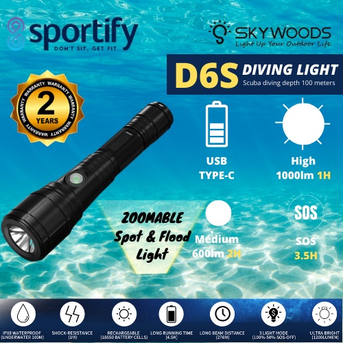 Jual Skywood D6S Zoom Diving Flashlight/Senter Selam Underwater 100M IPX8 | Shopee Indonesia