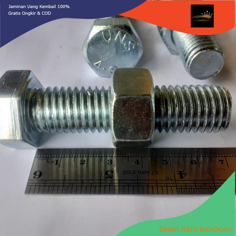 Jual BAUT MUR PUTIH M16 X 70 PANJANG 7CM 7 CM GALVANIZ GALVANIS GALPANIS / BMP M16X70 / BAUT ...