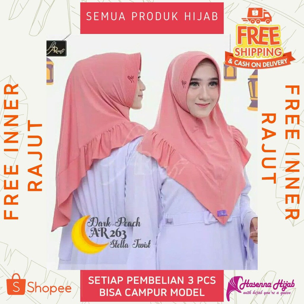 Jual Jilbab Arrafi Hijab Terbaru AR 263 Polos Aksen Rampel Samping Model V Bahan Stella Twist ...