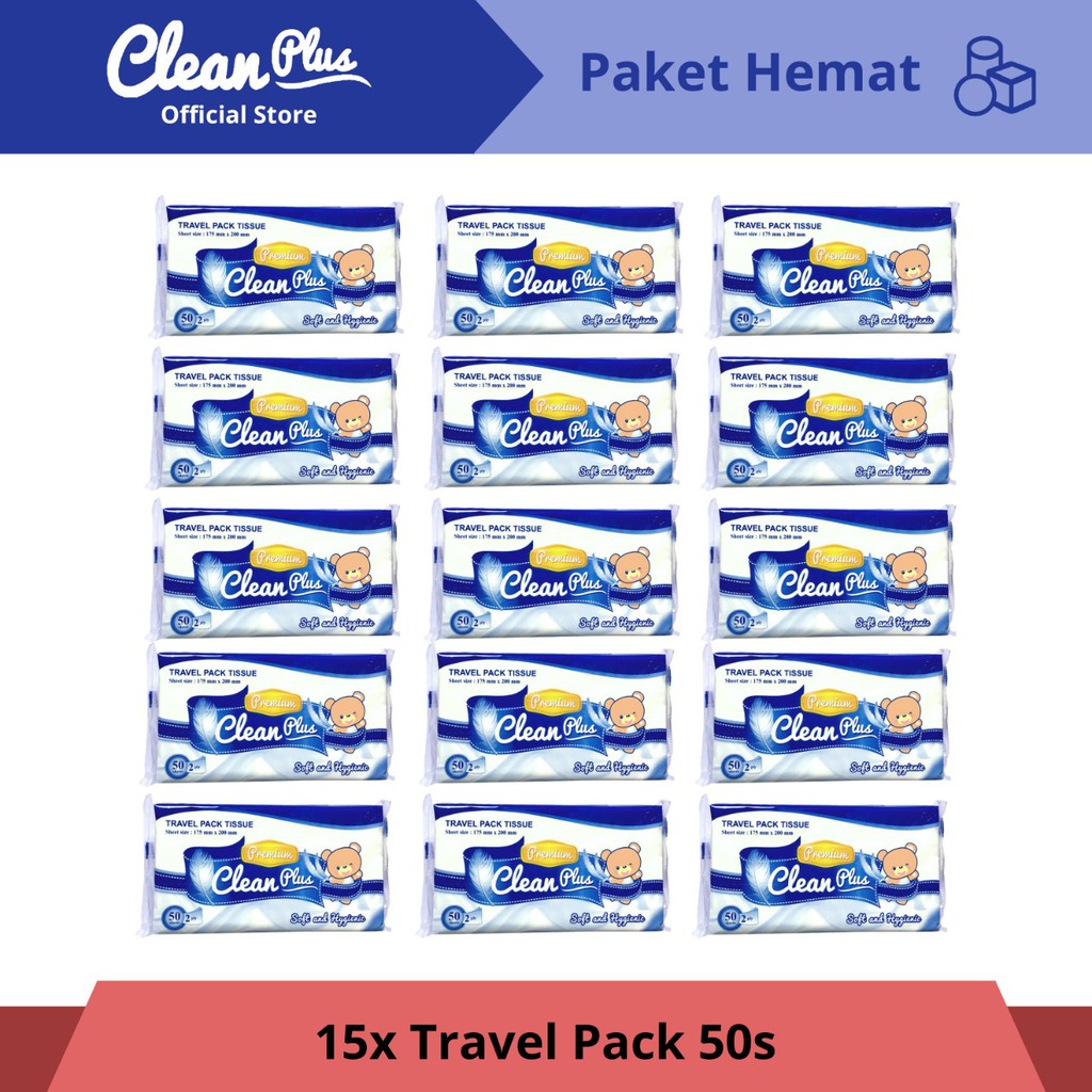 Jual Clean Plus Travel Pack Tissue 50'S Beruang Bundling 15 Pack ...