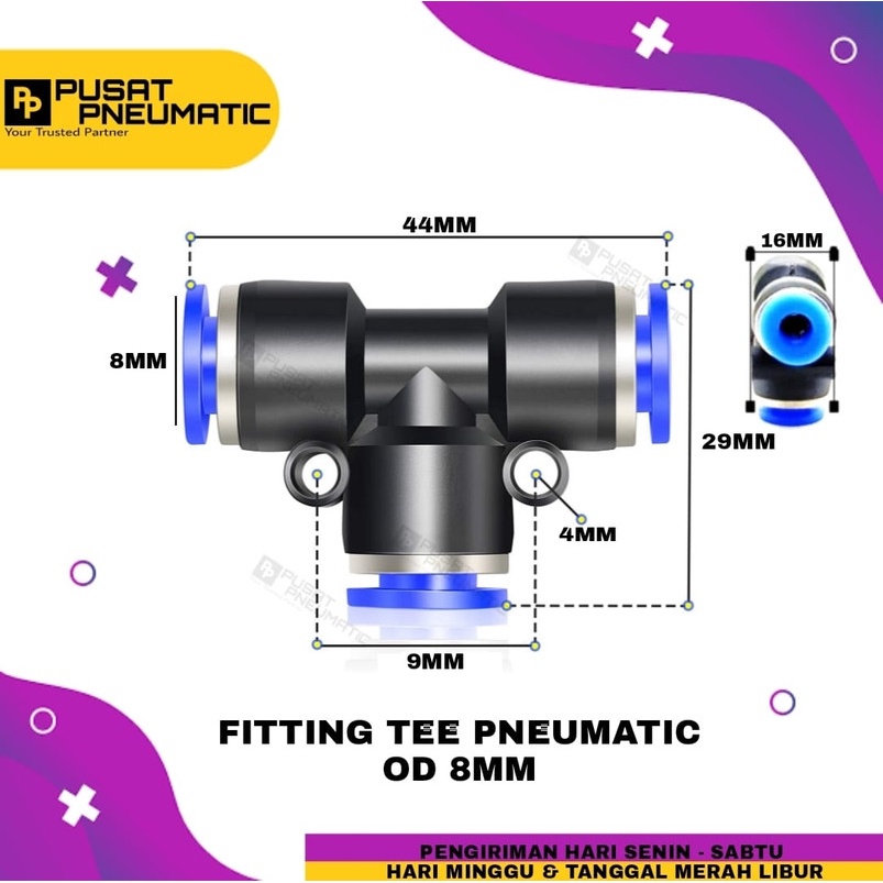 Jual FITTING TEE 8MM FITTING TEE PNEUMATIC UKURAN SELANG 8MM X 8MM X ...