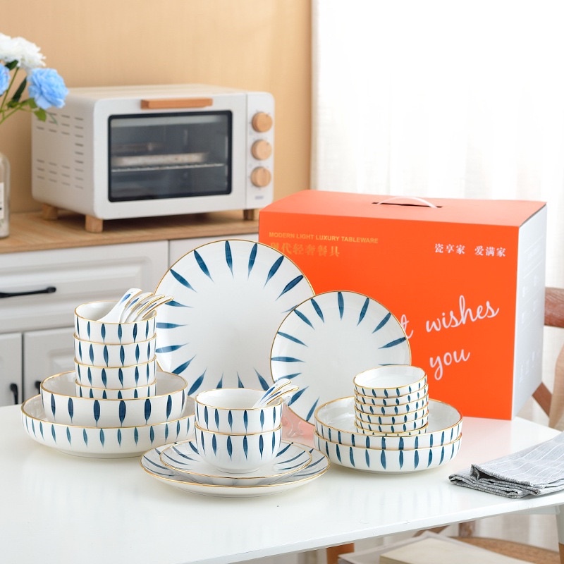 Jual Piring set garis biru LIST GOLD isi 26 pcs cocok buat hadiah free ...