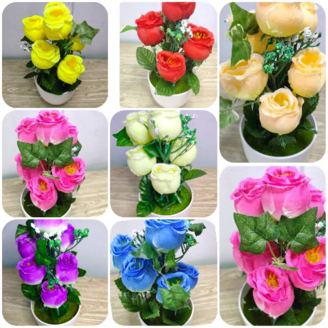 Jual Set Pot + Bunga Mawar Artifisial Cantik | Bunga Plastik Imitasi ...
