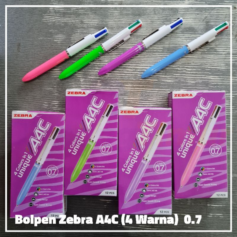Jual Bolpen ZEBRA A4C 4 Warna Semi Jell Fine 0.7 (per lusin / 1 box ...