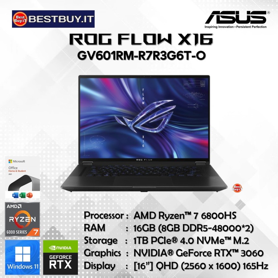 Jual ASUS ROG Flow X16 GV601RM R7-6800HS 16GB 1TB RTX 3060 16" QHD W11 ...