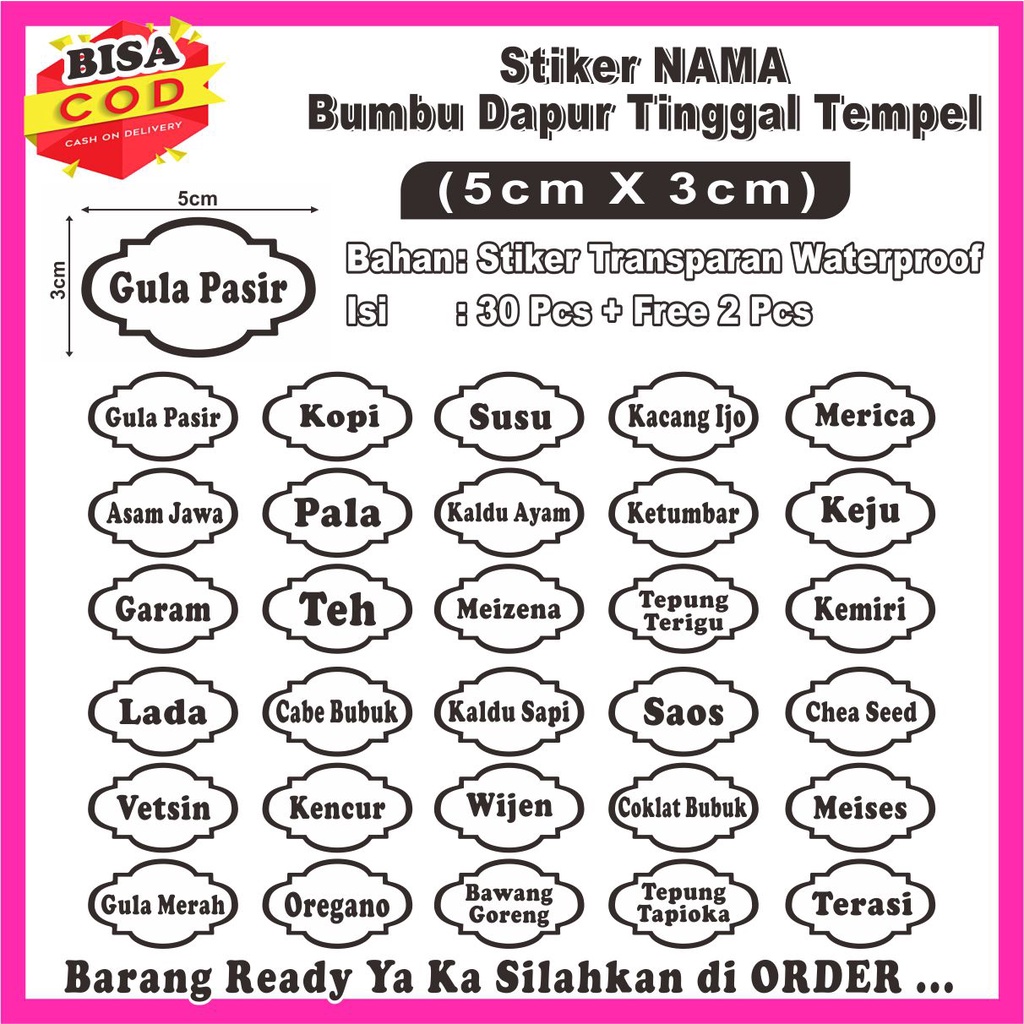 Jual Stiker Label Transparan Nama-Nama Bumbu Dapur WATERPROOF CUSTOM ...