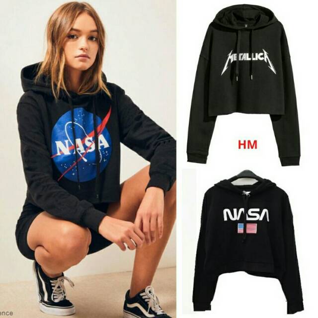 Jual H&M CROP HOODIE NASA METALICA - BLACK | Shopee Indonesia