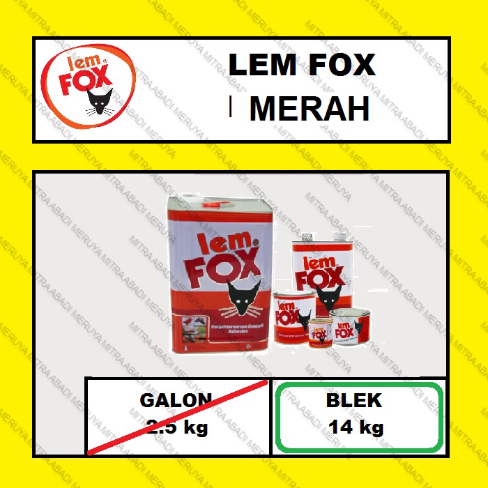 Jual Lem Kuning FOX Merah Blek 14 kg Lem HPL Triplek Kulit Sofa Parkit ...