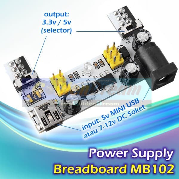 Jual MB102 Power Supply Breadboard 3.3v 5v input Mini USB or DC 7-12v ...