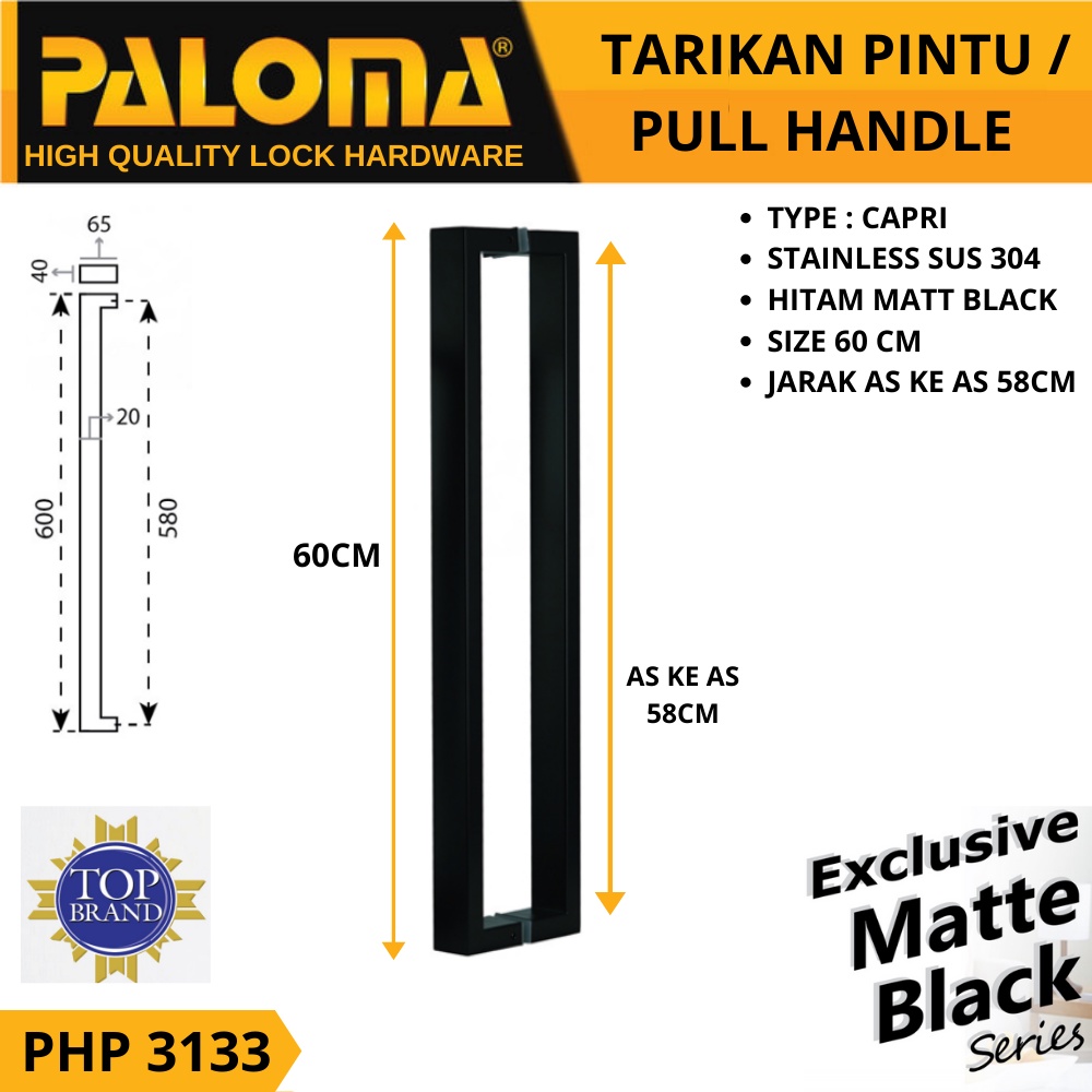 Jual PALOMA PHP 3133 CAPRI PULL HANDLE TARIKAN PINTU 60CM HITAM BLACK ...