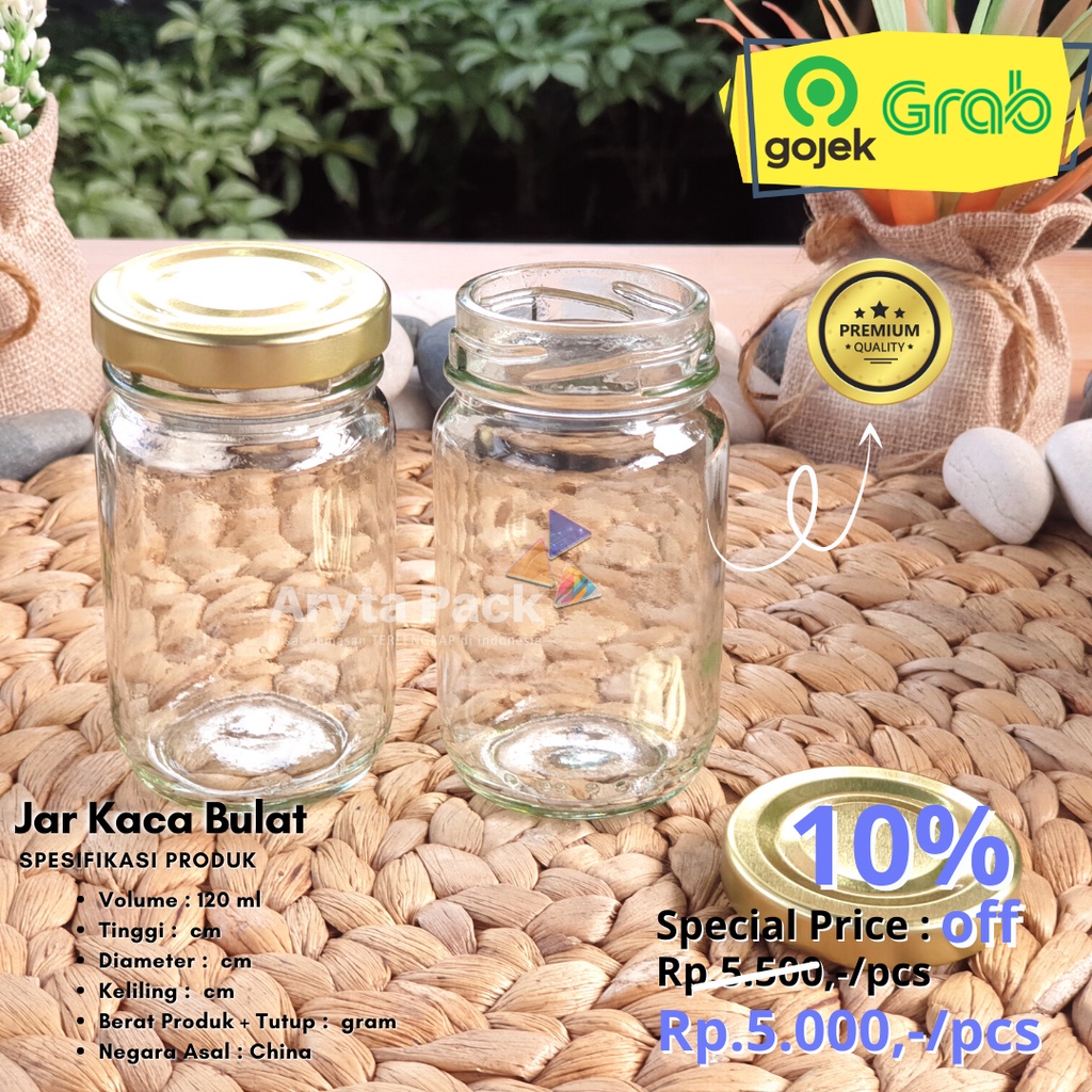 Jual Jar kaca 120ml round bulat glass jar toples tutup kaleng emas ...