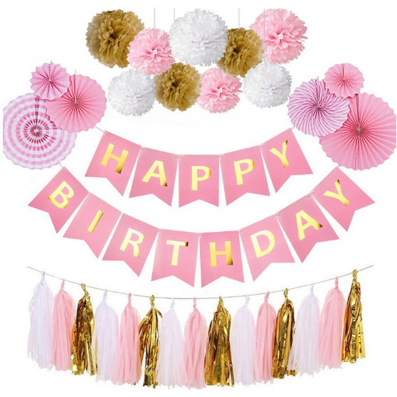 Jual PAKET BANNER HAPPY BIRTHDAY DIY TISSUE POMPOM BUNGA, TISSUE TASSEL ...