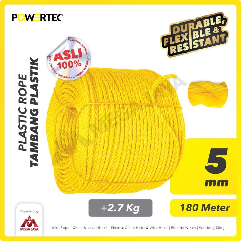 Jual POWERTEC Tali Tambang Plastik 5mm x 180m Plastic Rope - Kuning ...