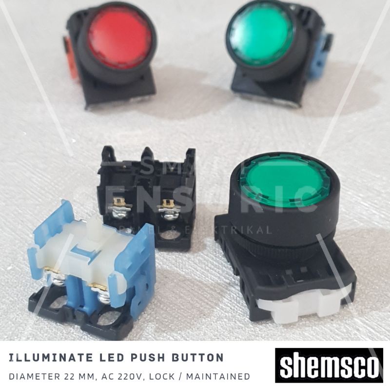 Jual 22mm Illuminate LED 220v Push Button Spring Shemsco SC-AR22-REOL ...