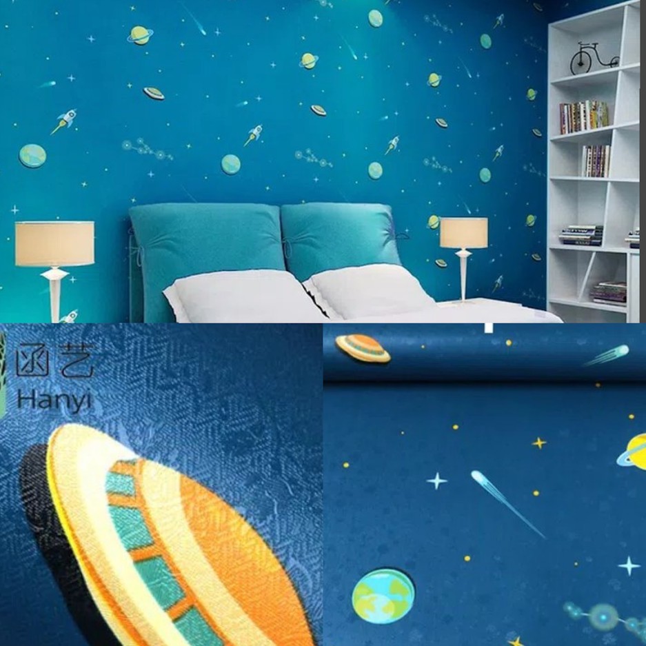 Jual Baru - Murah Wallpaper Sticker Dinding Biru Dongker Angkasa Planet ...