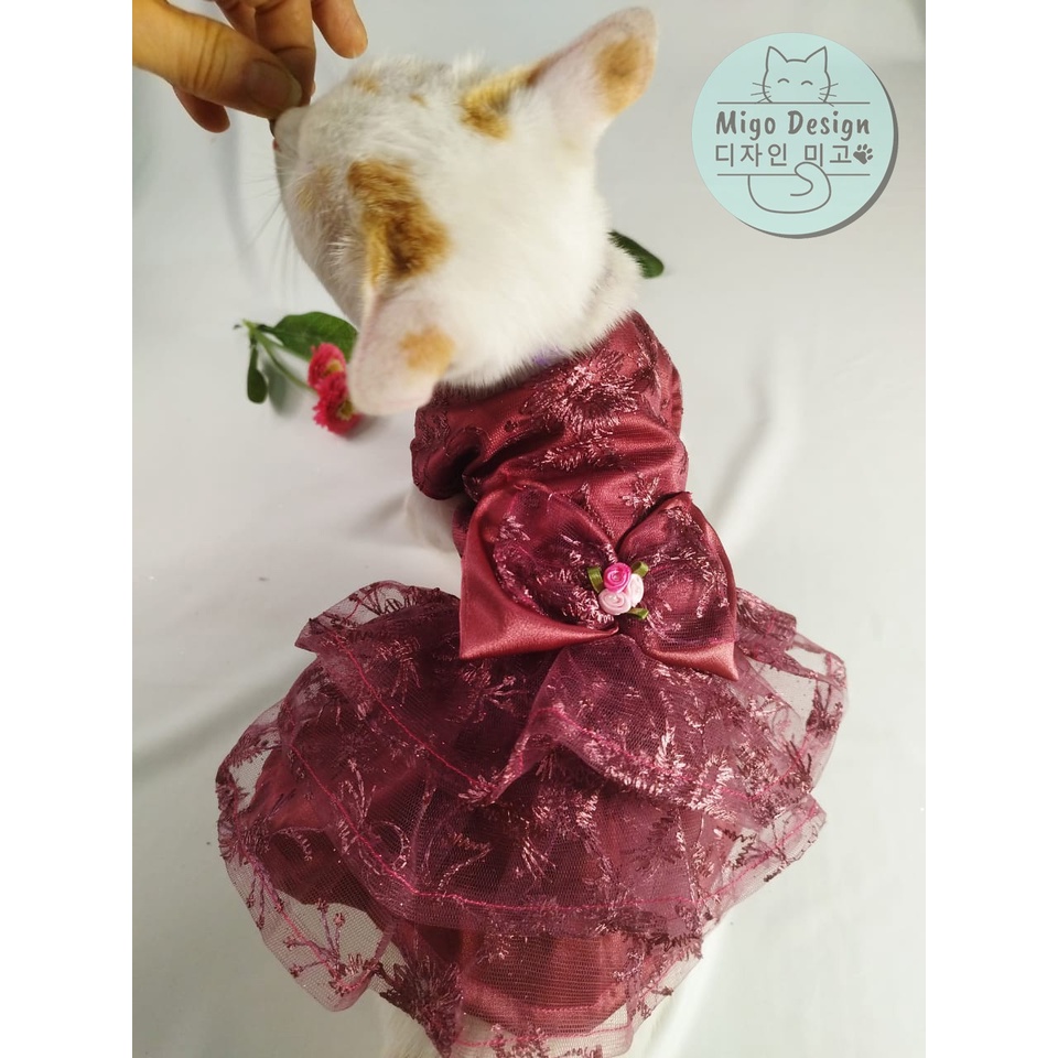 Jual ⭐ Migo Design 79 ⭐ Baju Dress Kucing/ Anjing Brokat Burgundy / Pakaian AnaBul Kucing ...