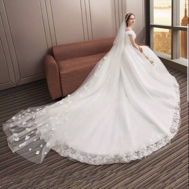 Jual gaun ekor tanpa veil yang berekor putih/bw/ivory / gaun pernikahan ...