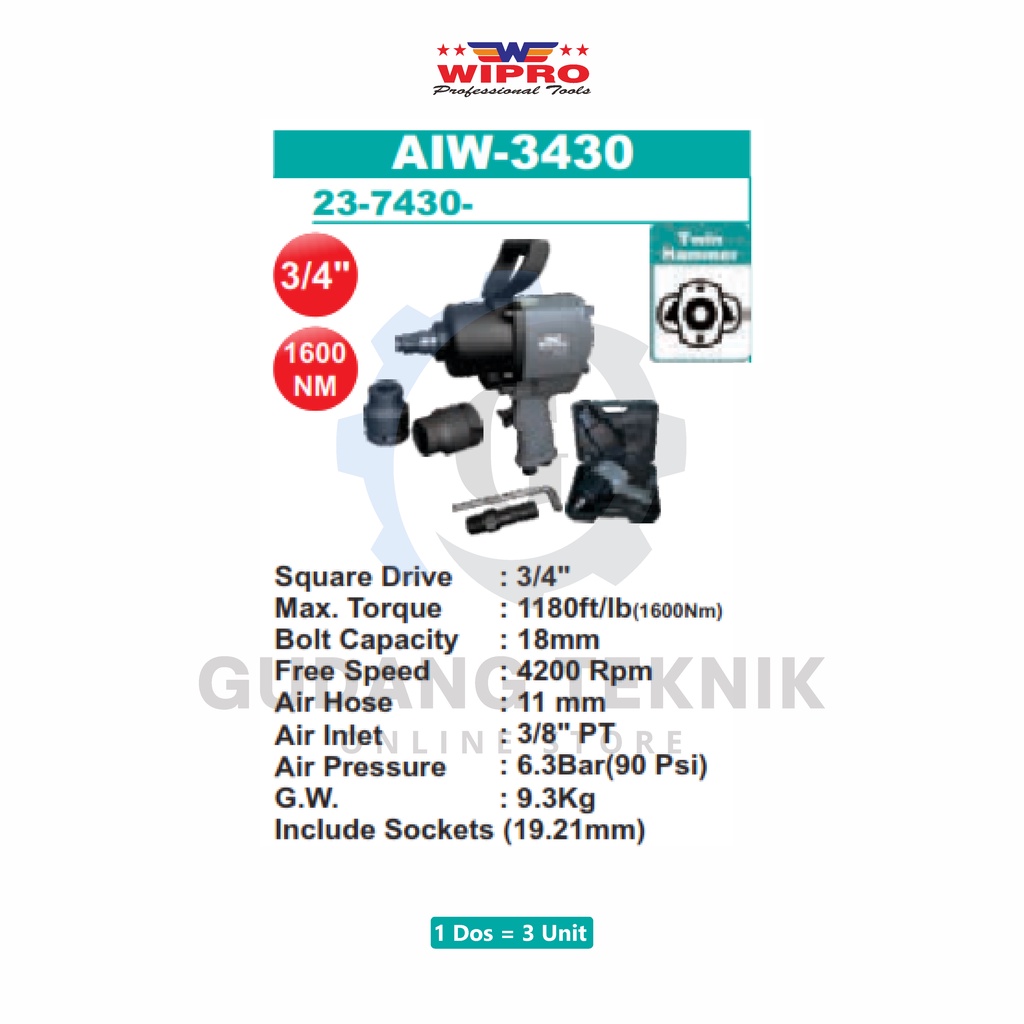 Jual Air Impact Wrench 3/4" TWIN HAMMER Mobil WIPRO AIW-3430 / Alat ...