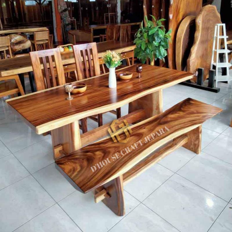 Jual Set Meja Kursi Makan Utuh Kayu Trembesi Panjang 180cm | Shopee Indonesia