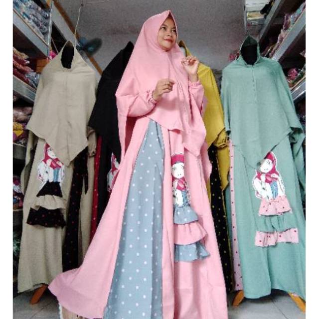 Jual SET GAMIS SYARI BAJU MUSLIM HARIAN WOLLYCREPE SCUBA POLKADOT ...