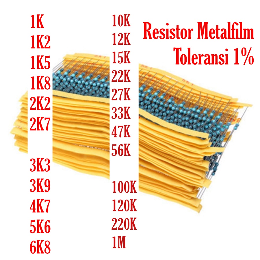 Jual 50pcs Resistor Metalfilm 1K 1K2 2K2 3K3 1/4 Watt 1% 5k6 10k 100k ...