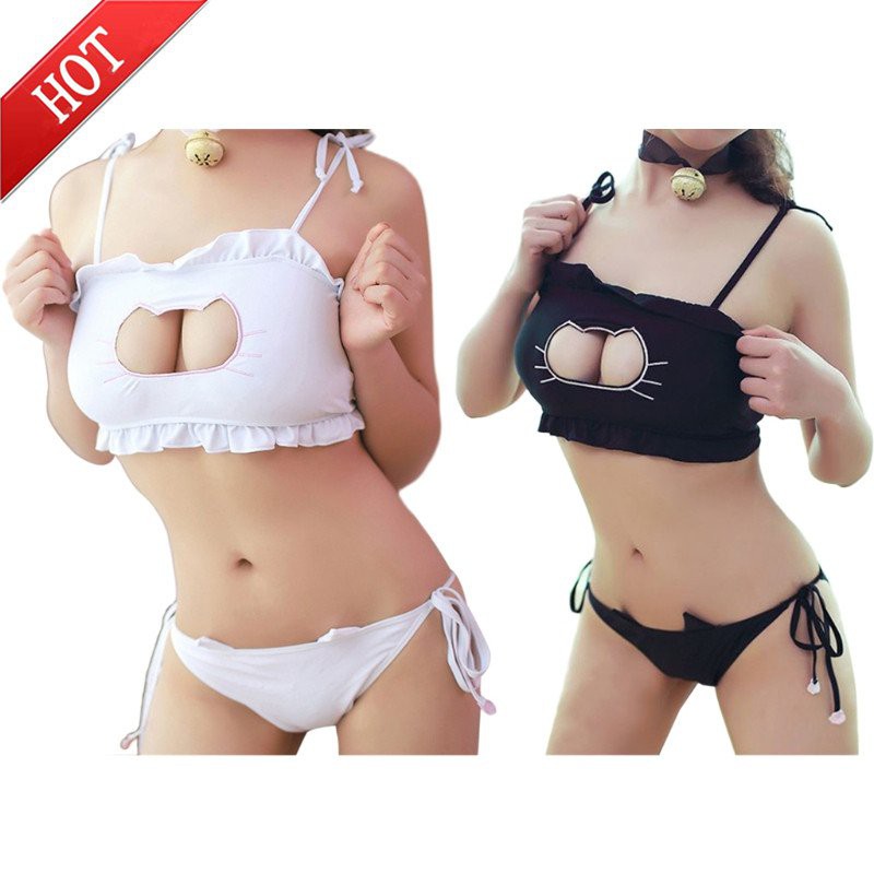 Jual Womens Girls Sexy Lingerie Cosplay Maid Uniform Cat Keyhole Bra Briefs Collar Set Lingerie ...