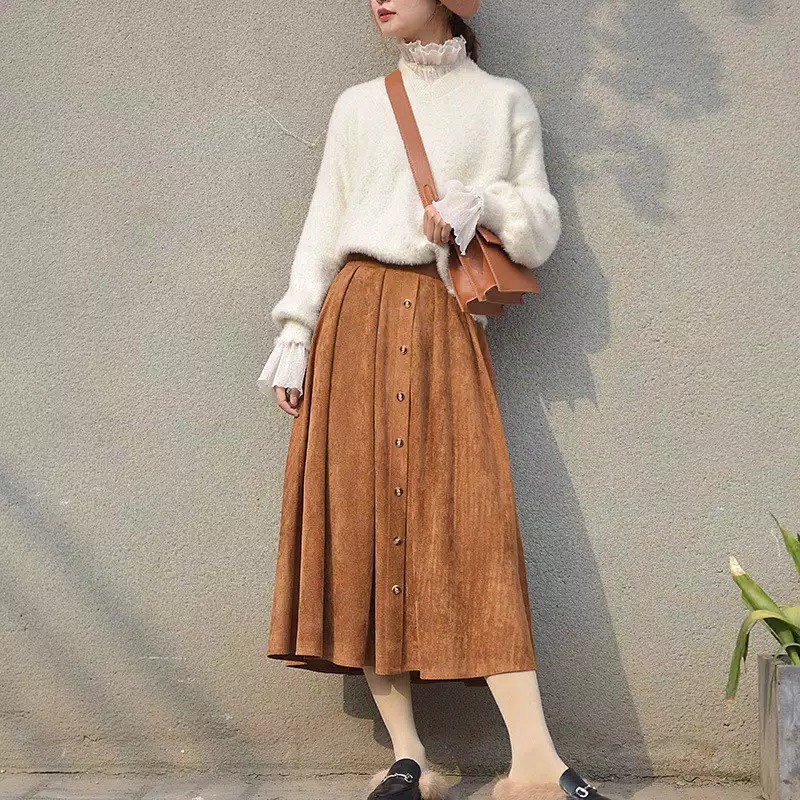 Jual ALEEYA Rok Midi Korean Style 7/8 / HAZEL Midi Button Skirt Suede ...