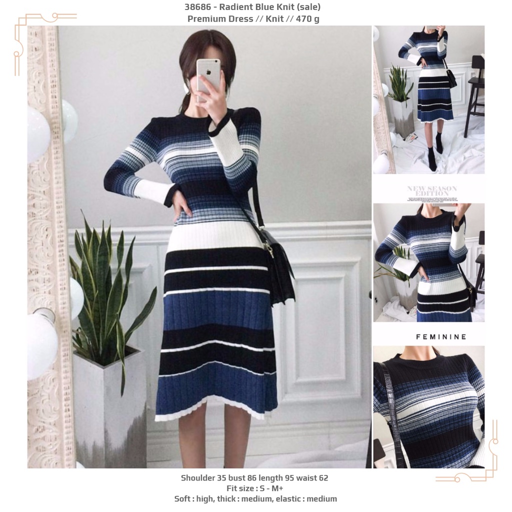 Jual Blue Wonder Stripe Midi Dress Rajut 51953 (SALE) | Shopee Indonesia