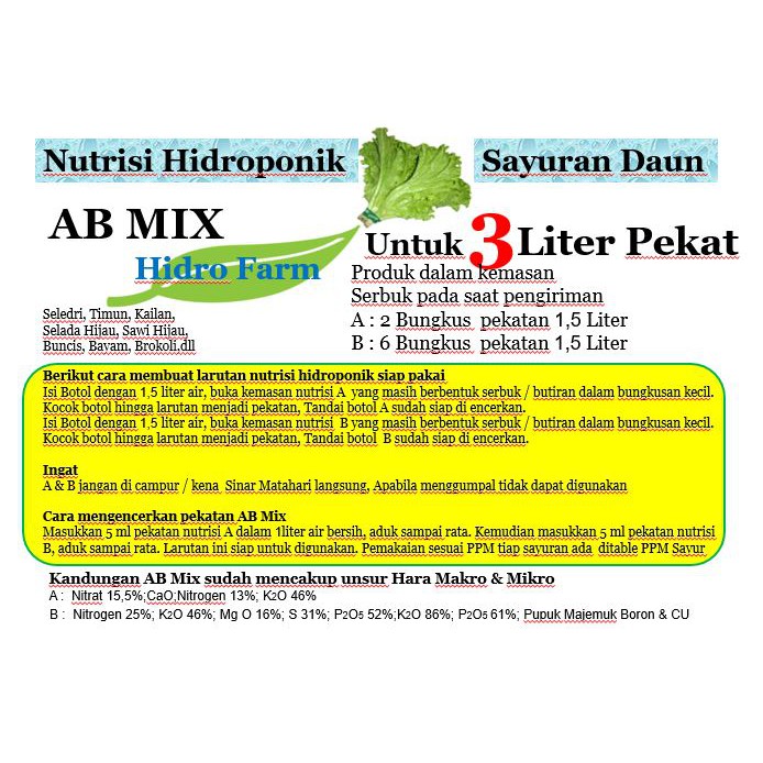 Jual NUTRISI ABMIX AB - MIX SAYUR UNTUK 3 LITER KEMASAN SERBUK HIDRO ...