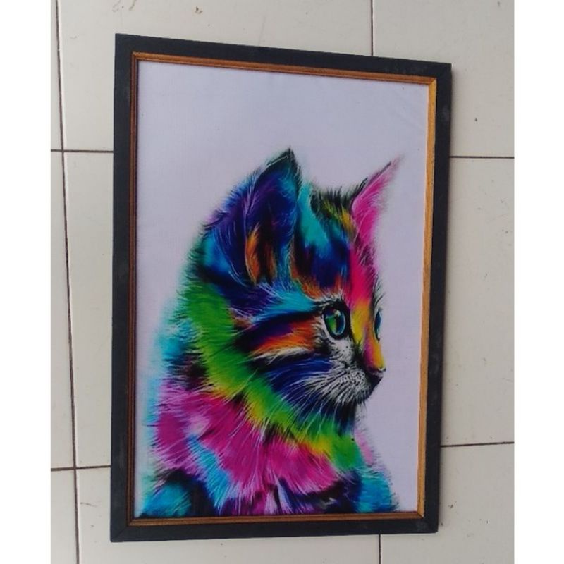 Jual Hiasan dinding lukisan cetak kucing' plus bingkai ukuran 65x45 ...