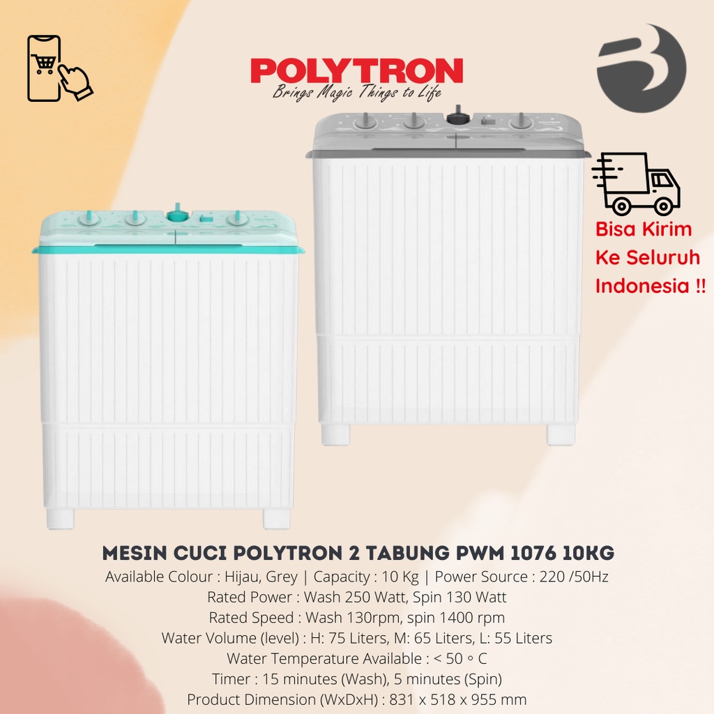 Jual MESIN CUCI POLYTRON 2 TABUNG PWM 1076 10KG | Shopee Indonesia