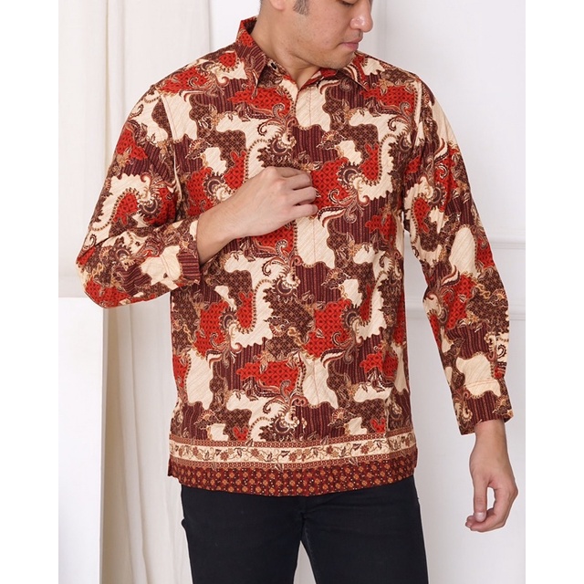 Jual Batik Shirt Modern Pria Satin (Merah Red & Beige) | Shopee Indonesia