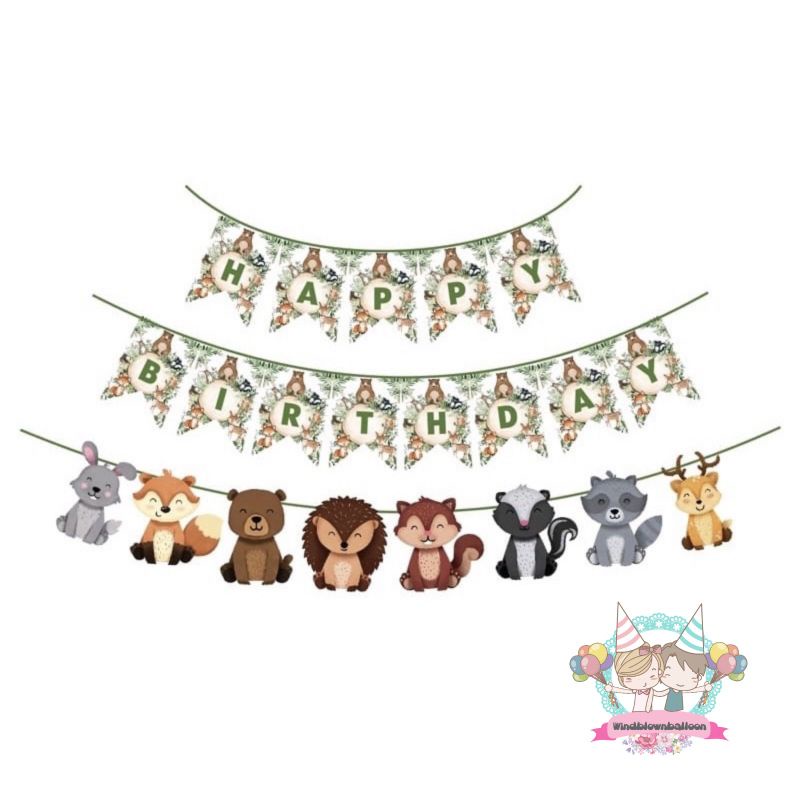 Jual WINDBLOWN BANNER BUNTING FLAG ANIMAL WOODLAND HAPPY BIRTHDAY DEKOR ...