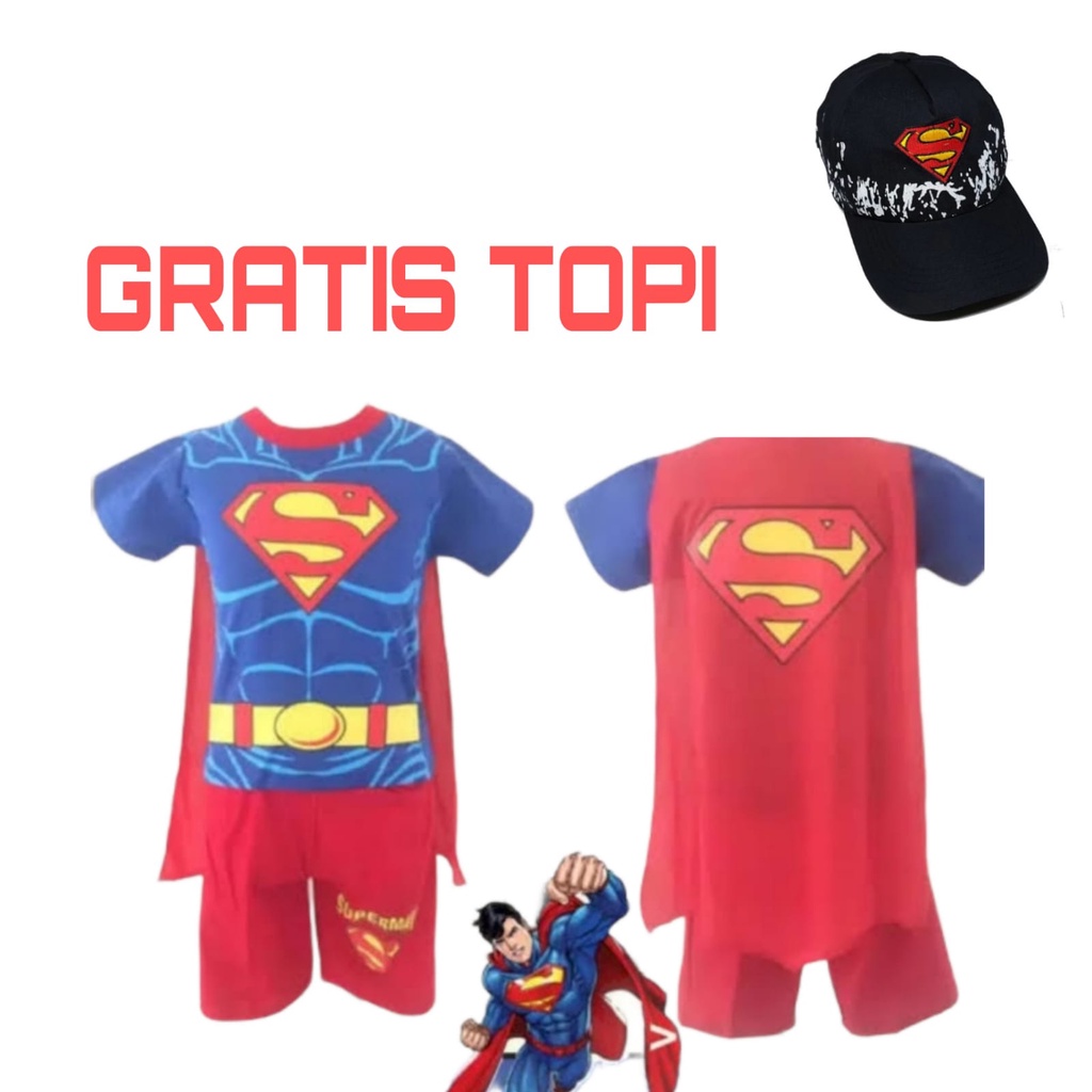 Jual setelan baju anak SUPERMAN PENDEK SAYAP FREE TOPI | Shopee Indonesia