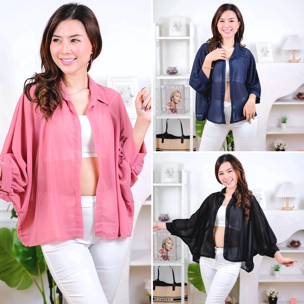 Jual Baju Atasan Pakaian Outer Kerah Batwing Ootd Transparan Hitam Pink ...