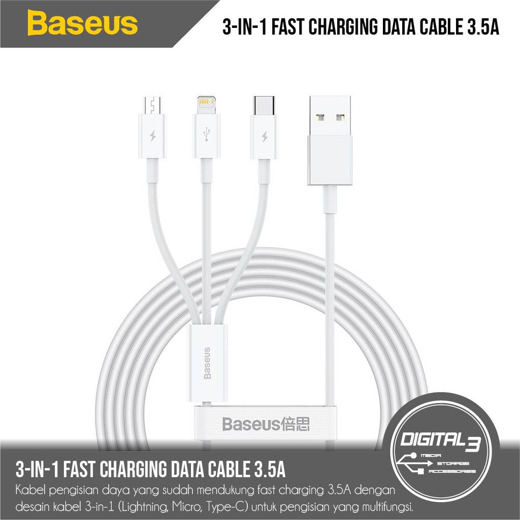 Jual Baseus 3 in 1 Kabel Data USB to Lightning + Micro + Type C 3.5A Cable | Shopee Indonesia