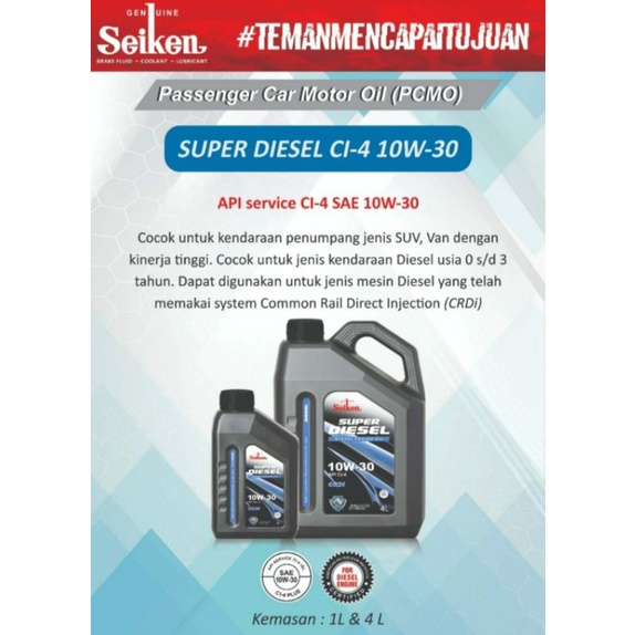 Jual oli super diesel CI - 4 Plus 10w-30 kemasan 4 L merk seiken japan ...
