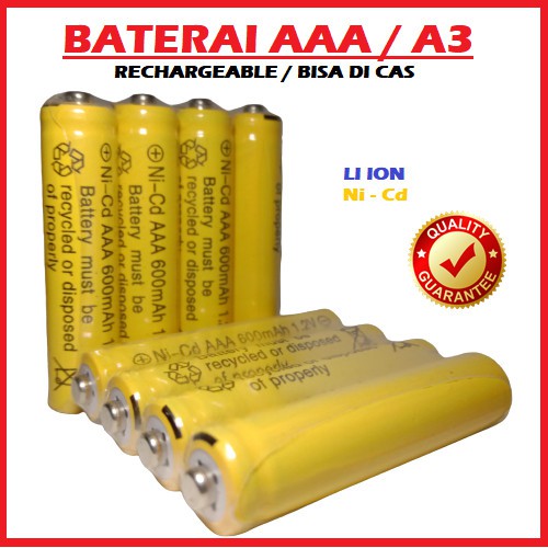 Jual Baterai AAA Rechargeable Isi Ulang Cas Ni-Cd 600Mah Battery A3 ...