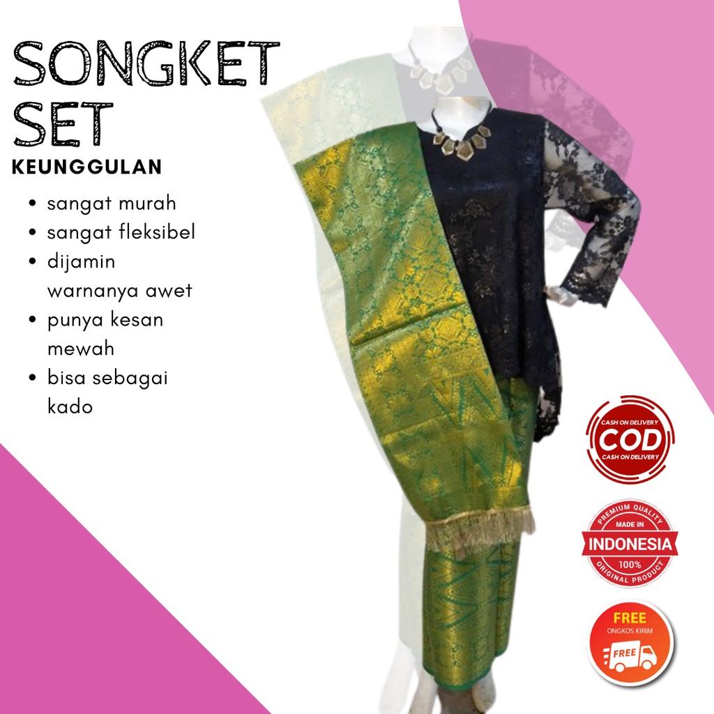 Jual Kain Songket Khas Palembang ATBM Set Selendang Lepus Warna Hijau Gold Siap Pakai | Shopee ...