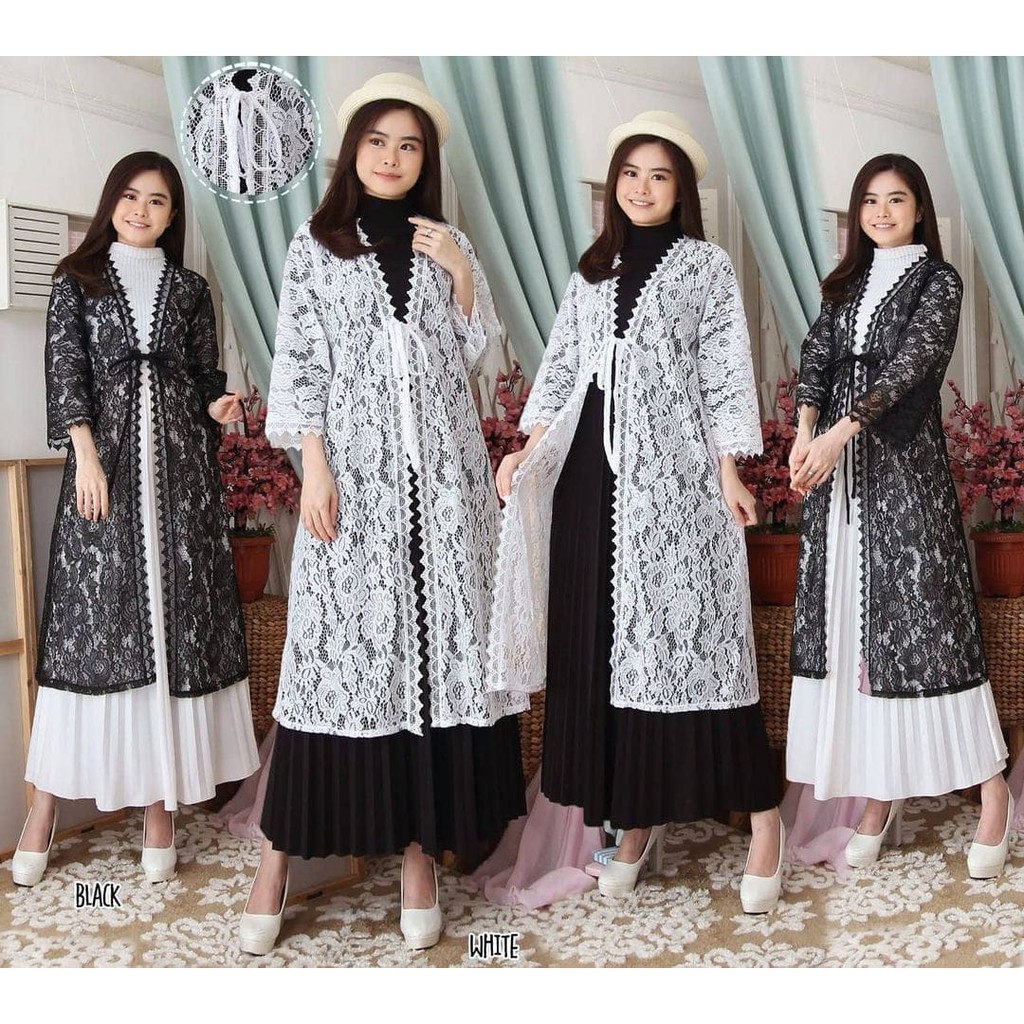 Jual outer brukat hitam putih premium / vest brukat long/ cardigan ...
