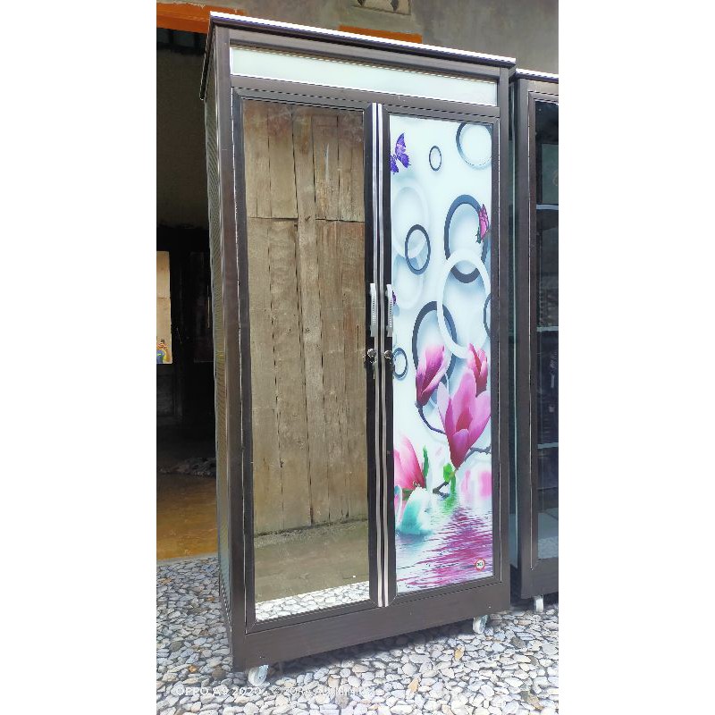 Jual lemari pintu 2 / almari kaca gambar warna / almari baju kaca ...