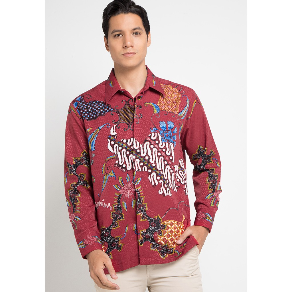 Jual Arjuna Weda Kemeja Motif Batik Pola - Merah | Shopee Indonesia