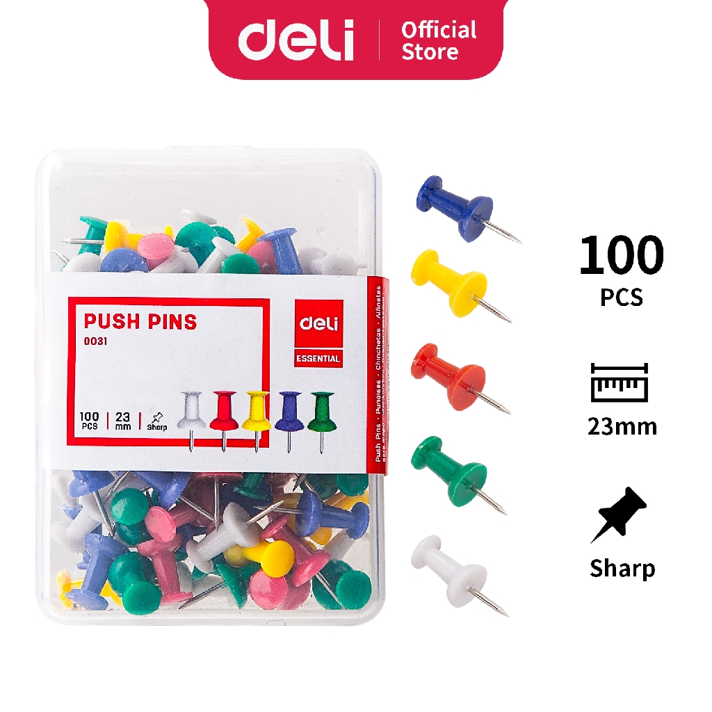 Jual Deli Push Pins 23mm 100pcs/Box Anti karat 5 Warna untuk memudahkan ...