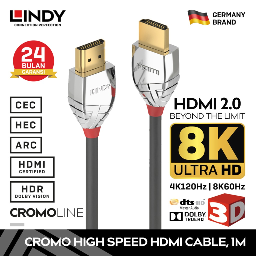 Jual Kabel HDMI 2.0 LINDY 1M High Speed 8K 4K 120hz HDR Cromo Cable ...
