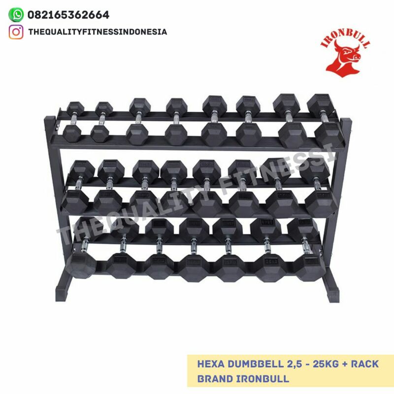 Jual Paket Dumbell Rack 3Tiers Plus Hex Dumbell 2.5Kg - 25Kg Pairs IRONBULL | Shopee Indonesia