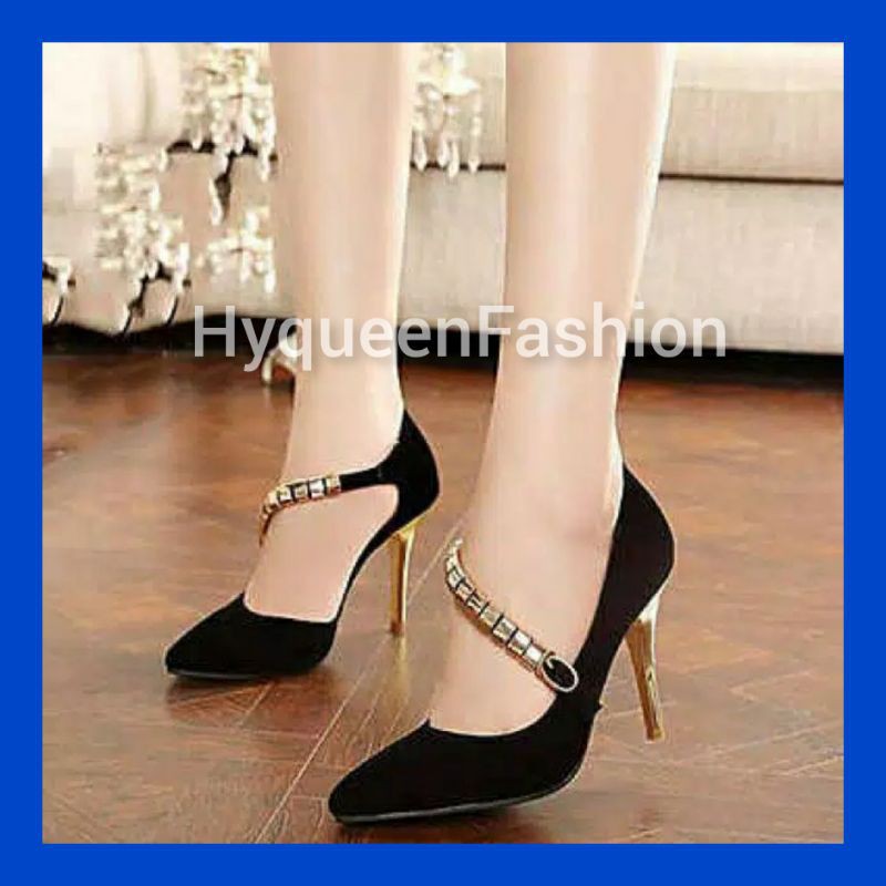 Jual Sepatu Hak Platform 5cm suede hitam list gold pesta | Shopee Indonesia
