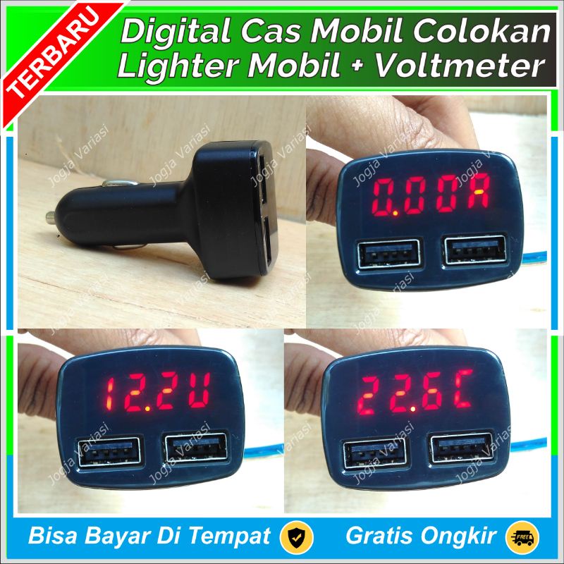Jual CAS HP COLOKAN LIGHTER/KOREK DI MOBIL MULTIFUNGSI 2 LUBANG + DIGITAL VOLT METER + AMPERE ...