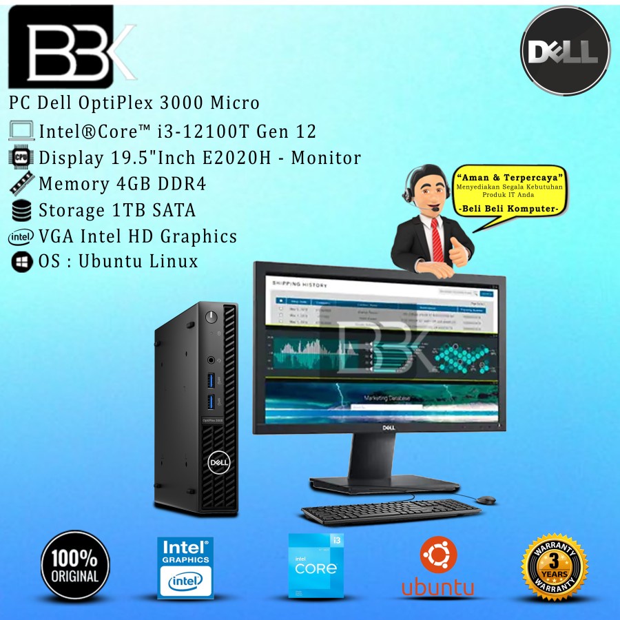 Jual Dell Optiplex 3000 Micro Intel Core i3-12100T 4GB 1TB SATA DOS 3YR ...