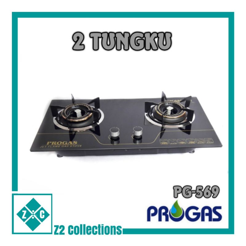 Jual Progas PG-569 Kompor 2 tungku api tornado biru kompor gas kaca tempered glass hitam ...