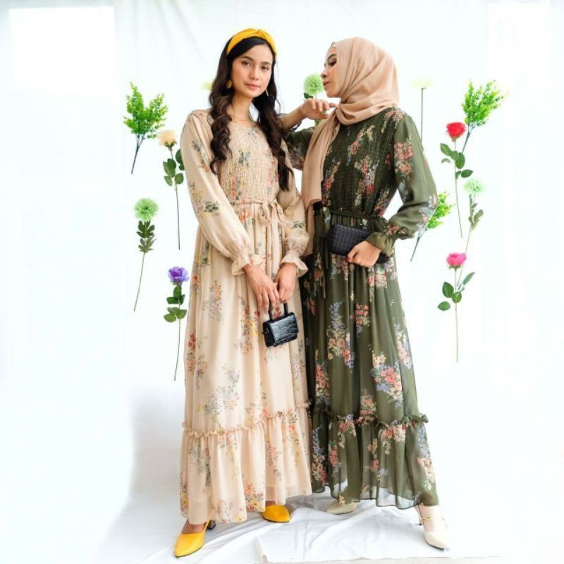 Jual Gamis Ceruty Babydoll Premium Motif Bunga | Gamis Korea Vintage ...